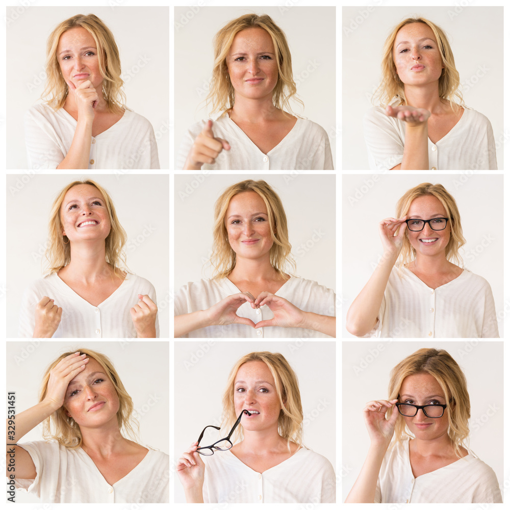 Poster Positive woman portrait set with different hand gestures and ...