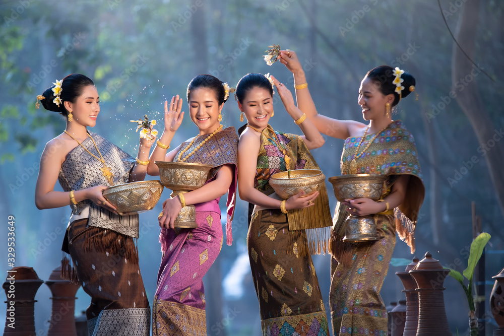 Laos girls splashing water during Songkran festival,Water blessing ...