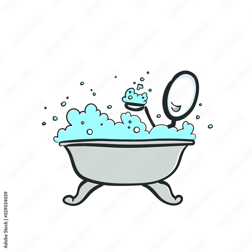 Bubble bath. Man in a bathtub with soap and shampoo foam. Hand drawn ...