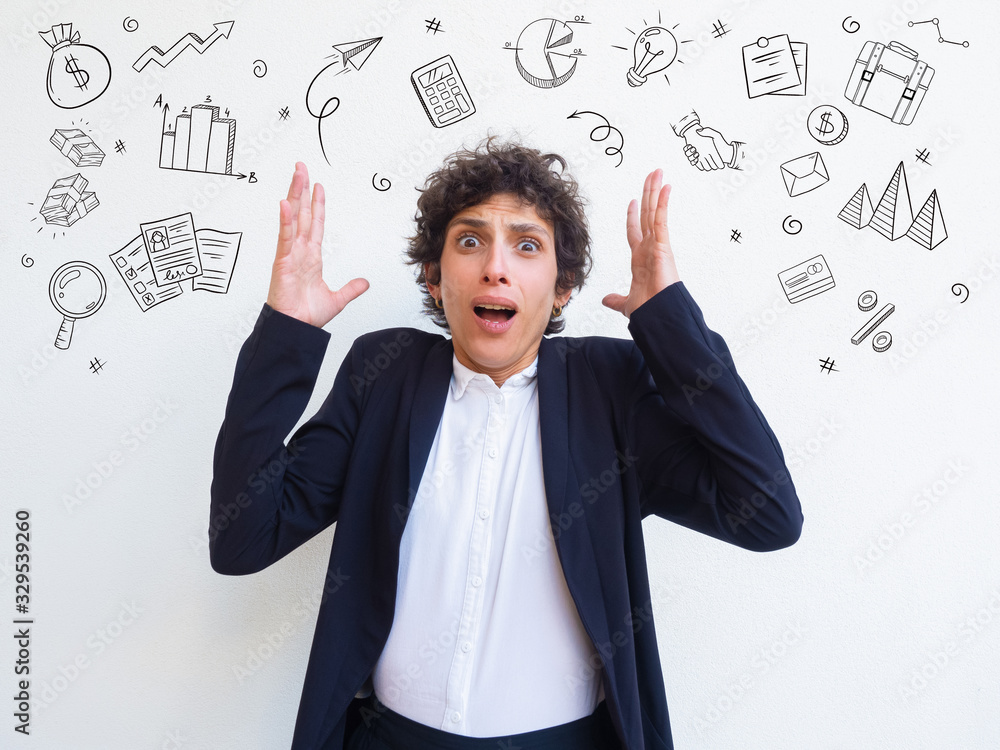 Woman realizing failure with hand drawn business sketches. Stressed ...