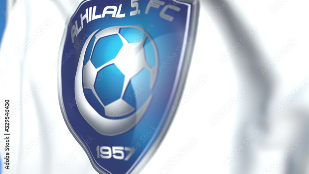 Waving flag with Al Hilal FC football club logo, close-up. Editorial 3D ...