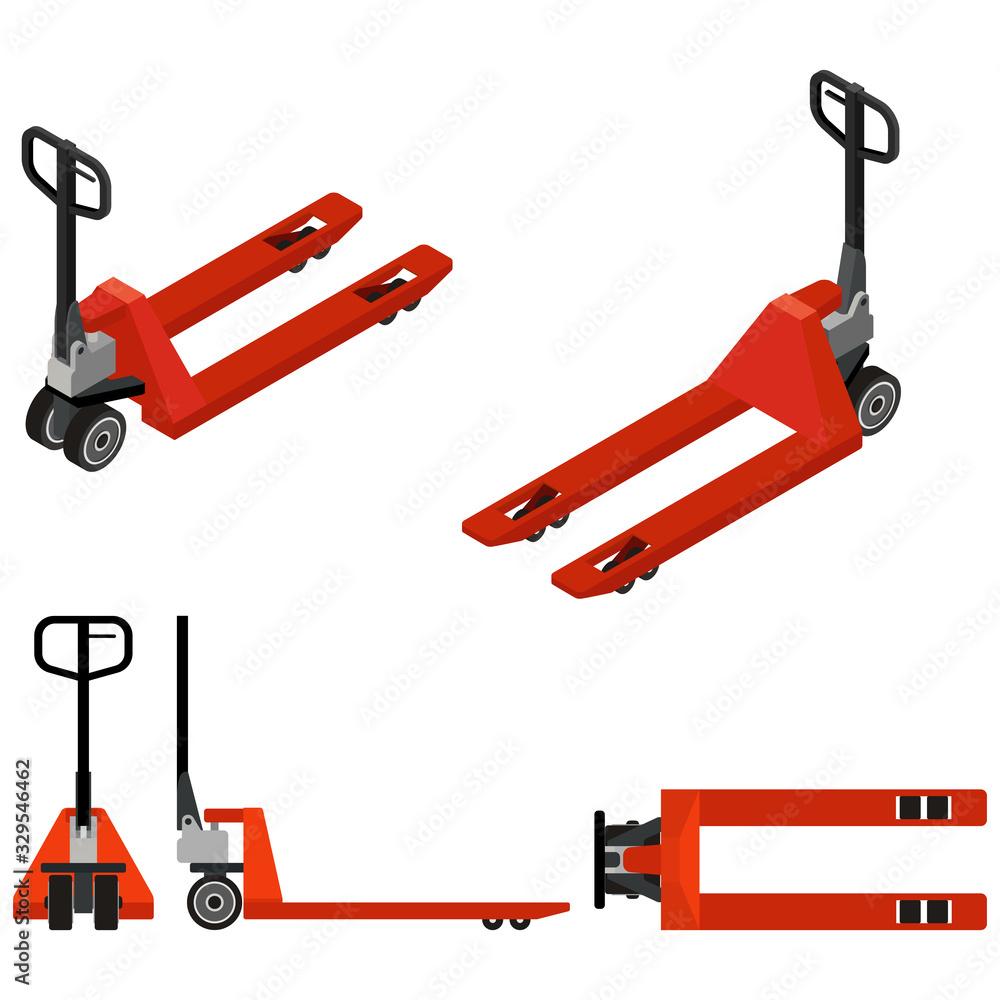 Hand pallet truck. Isometric design, top view, front and side view. 3D ...