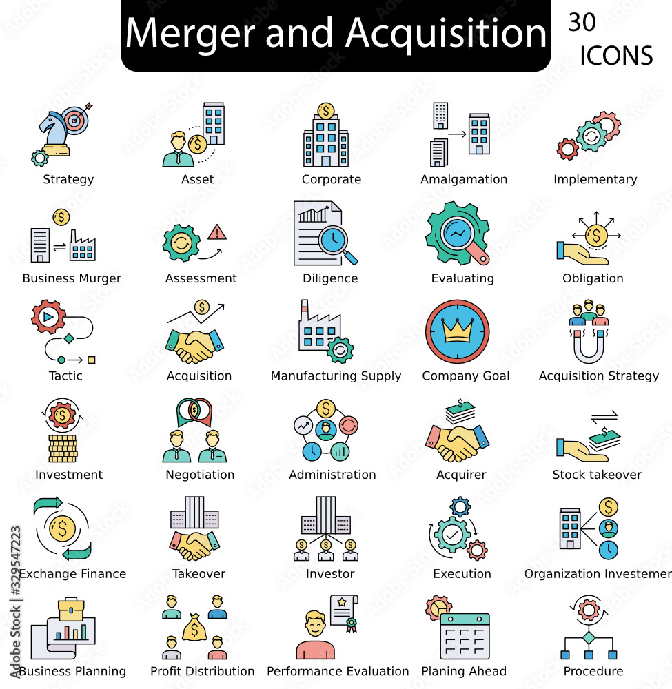 Merger and Acquisition Vector Color Flat 30 Icon set design, M&A ...