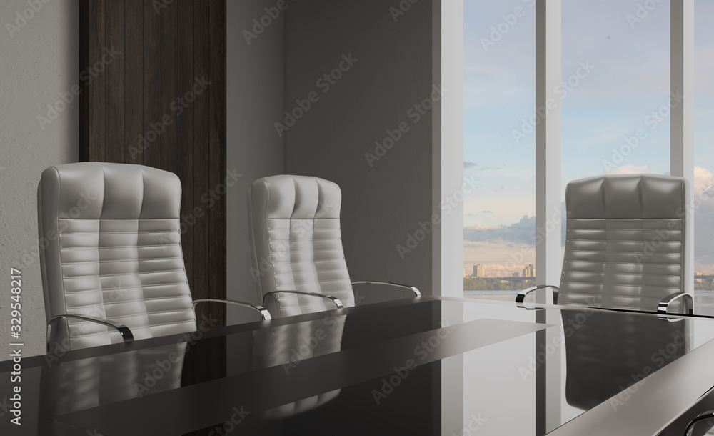 meeting room with a large window and wood paneling on the walls. Large ...