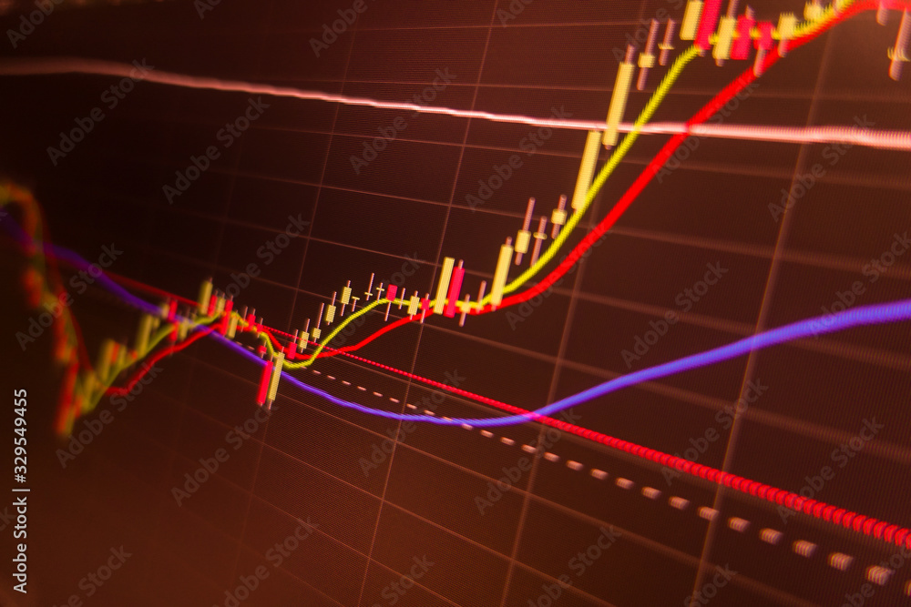 Stock market trading graph and candlestick chart on screen monitor for ...