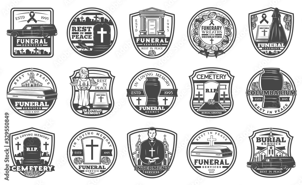 Cemetery tombstone and coffin vector icons, funeral and burial service ...