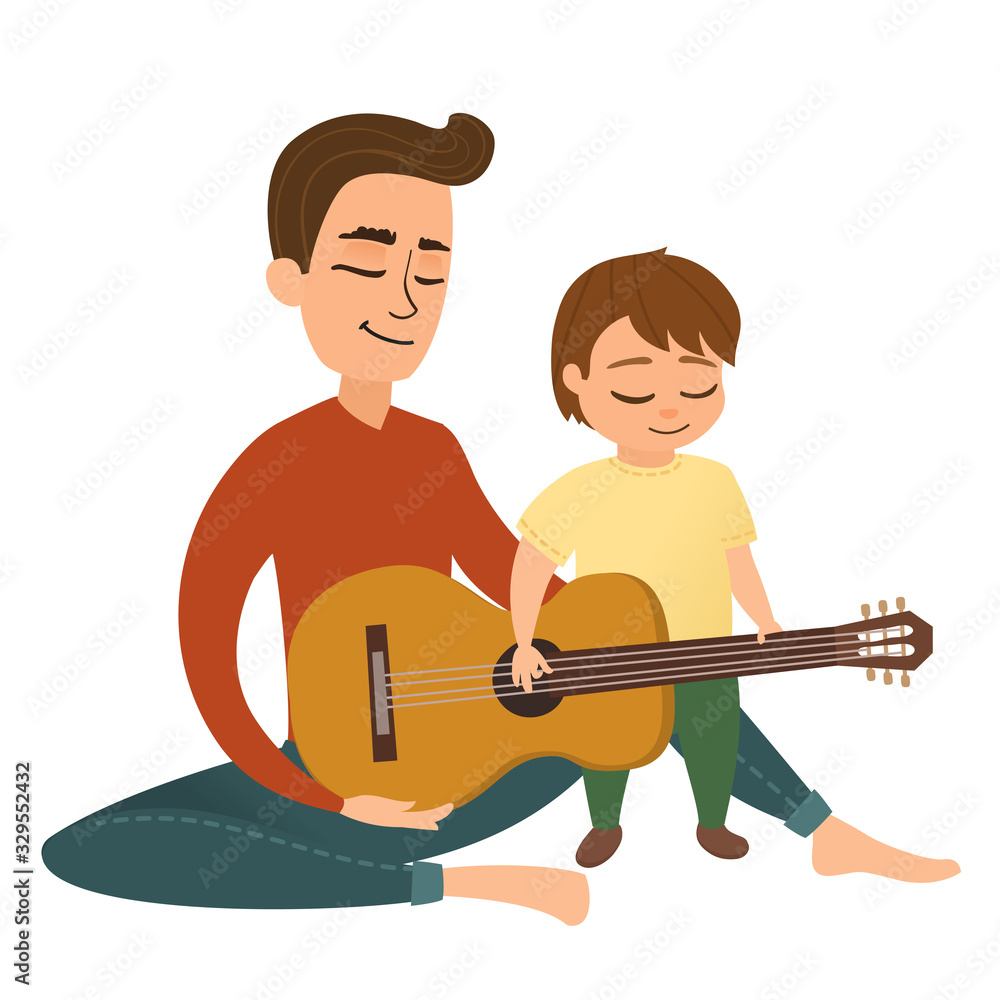 Young father teaches his little son to play the acoustic guitar. Dad ...