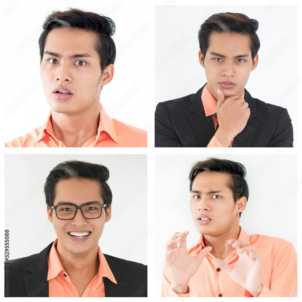 Asian student guy portrait set with different facial expressions ...