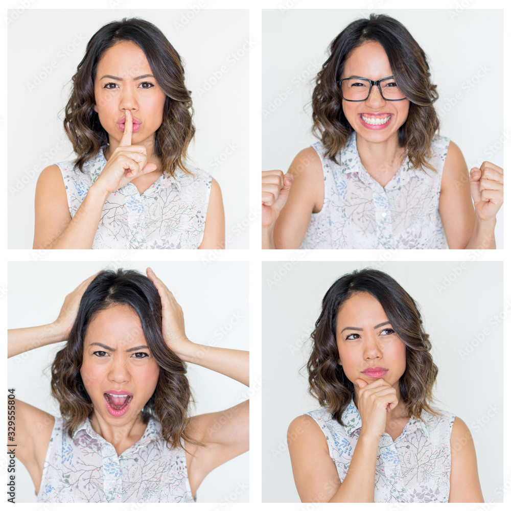 Asian woman portrait set with different gestures and facial expressions ...