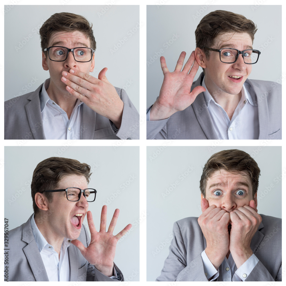 Funny man in glasses portrait set with different hand gestures and ...