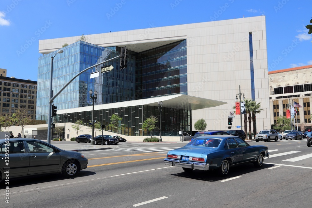 LOS ANGELES, USA - APRIL 5, 2014: Cars drive by Los Angeles Police ...