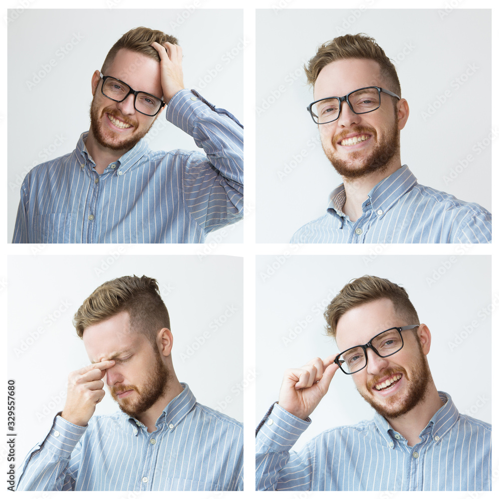 Positive young man portrait set with different facial expressions ...