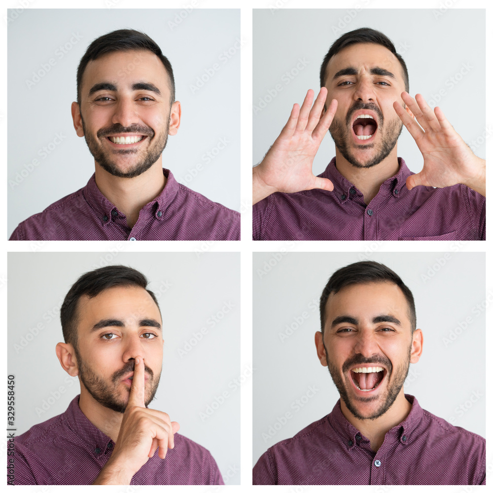 Handsome customer portrait set with different gestures and facial ...
