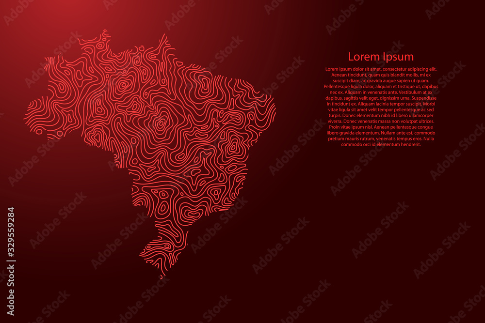 Brazil map from red isolines or level line geographic topographic map ...
