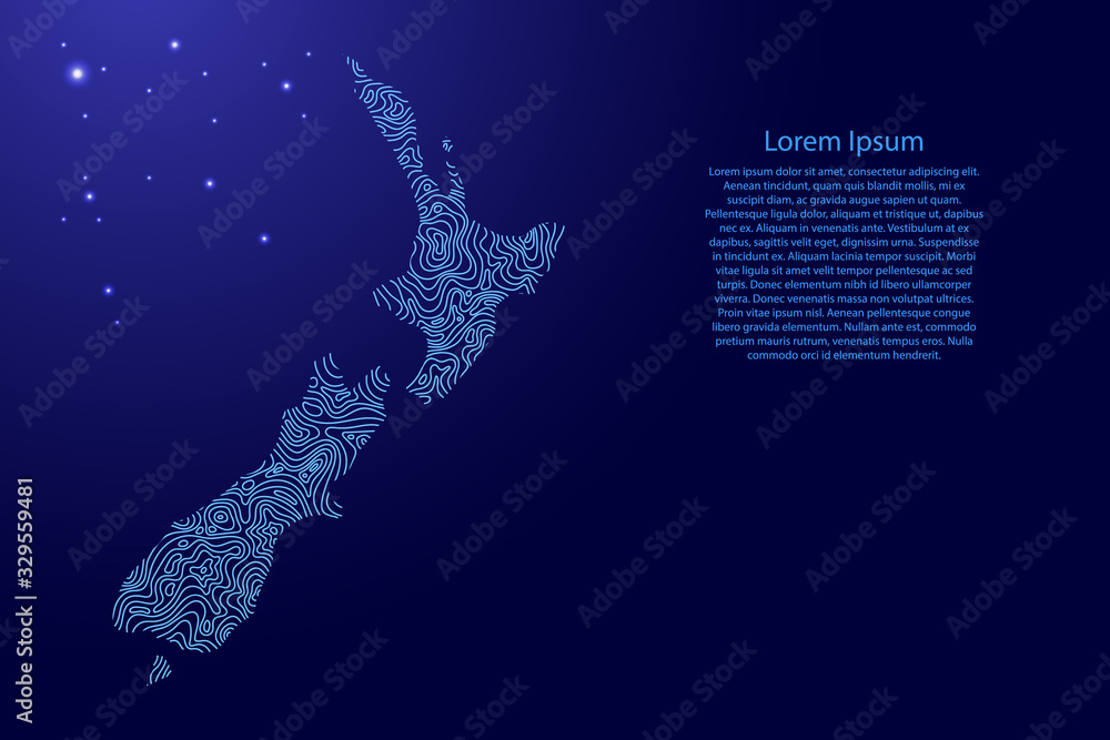 New Zealand map from blue isolines or level line geographic topographic ...