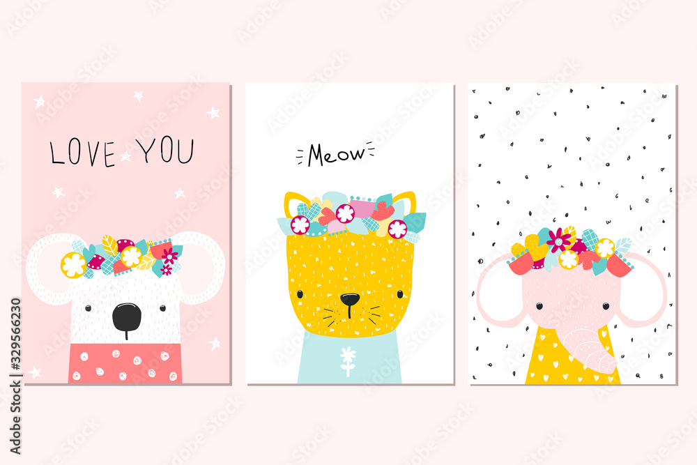 Set of cute baby cards with cartoon animals. Vector hand drawn ...