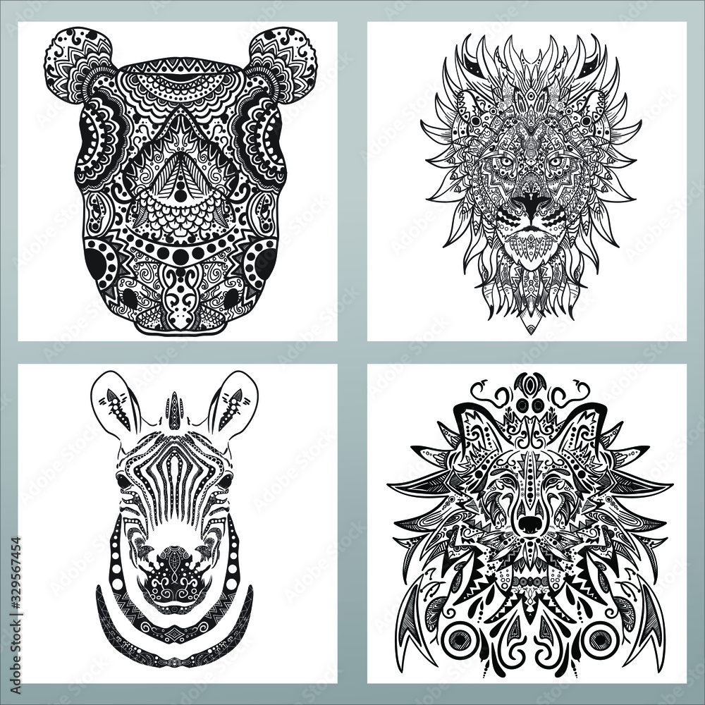 pack of animal mandala, rhino mandala design, lion mandala design ...