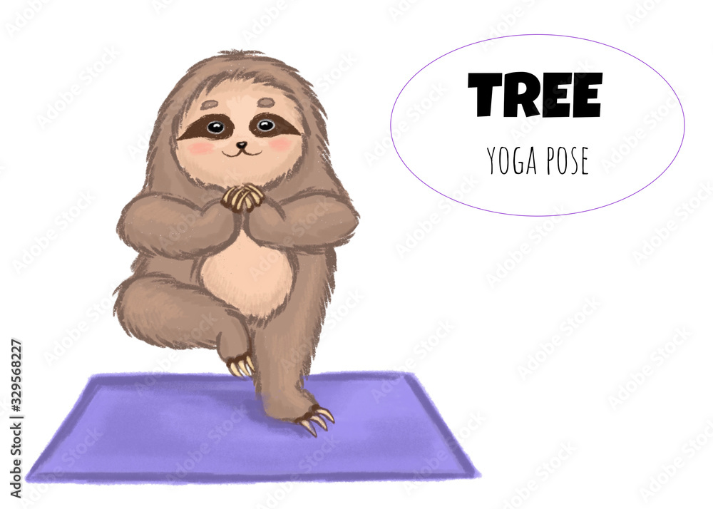 Cute Sloth yoga cartoon. Hand drawn illustration of funny sloth in tree ...