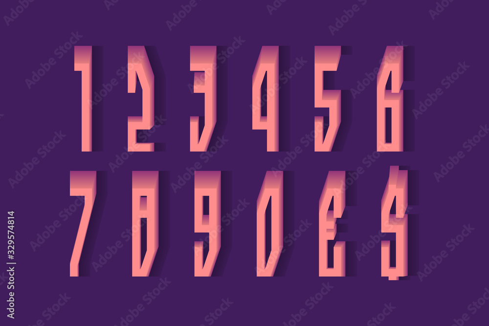 Volumetric coral pink numbers and currency signs. 3d display font in ...