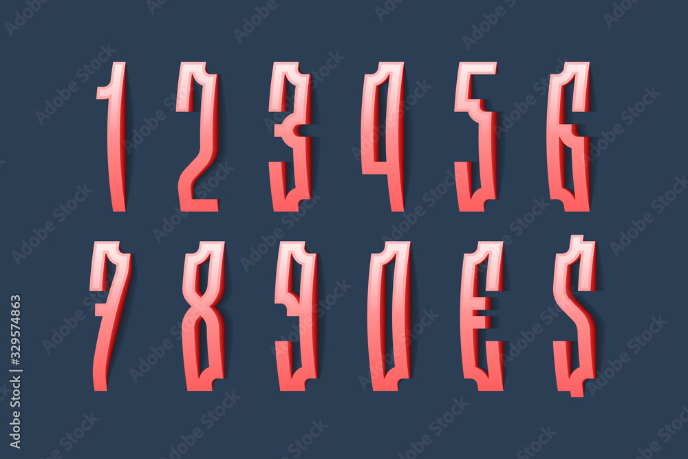 Volumetric red convex numbers and currency signs in old slavic style ...