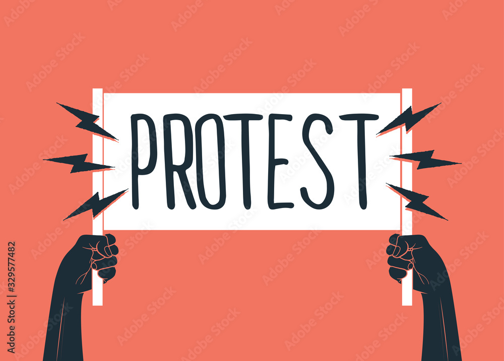 Two black raised up hands silhouette holding white banner with Protest ...