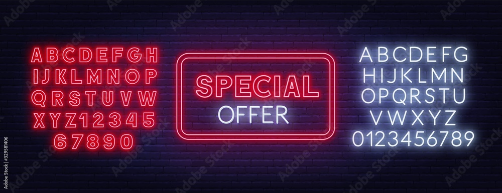 Special offer neon sign on brick wall background. Template for design ...