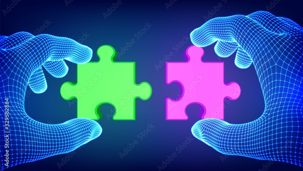 Two hands trying to connect couple puzzle piece. Red and green jigsaw ...