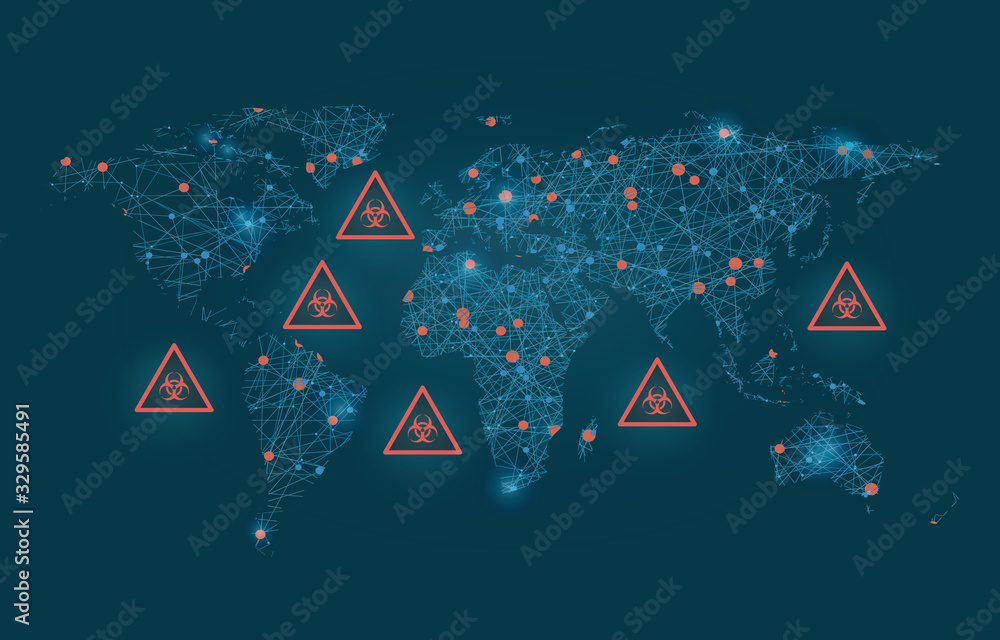 Vetor de World map with biohazard signs. Coronavirus or other world ...