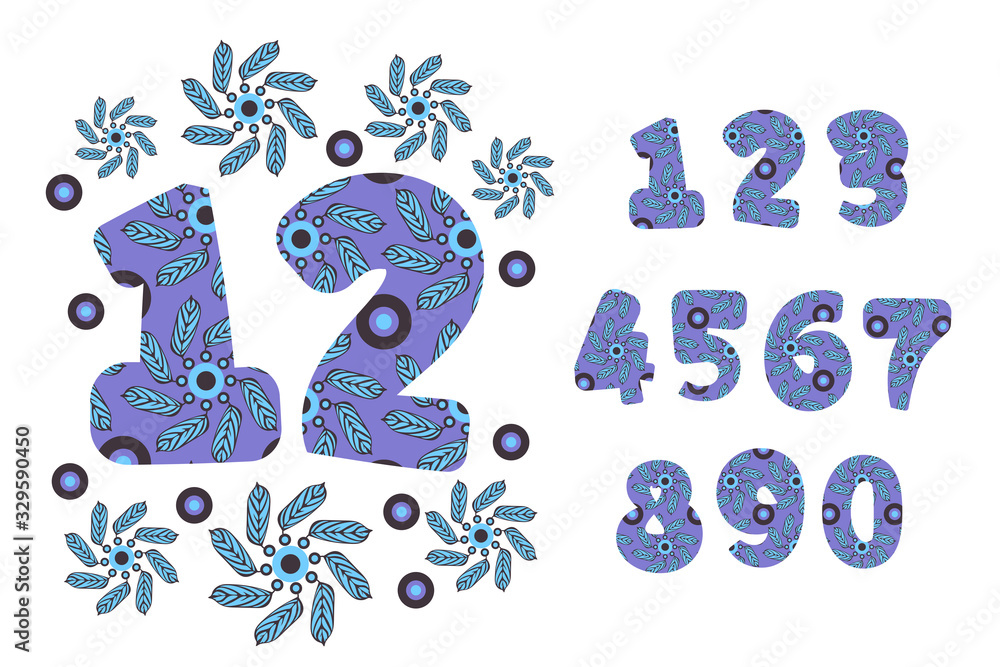 Vector cartoon adorable floral numbers from 0 to 9. Botanical character ...