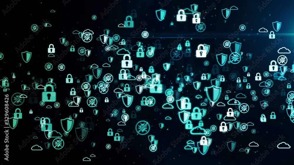 Cyber security, computer protection and digital safety flying symbols ...