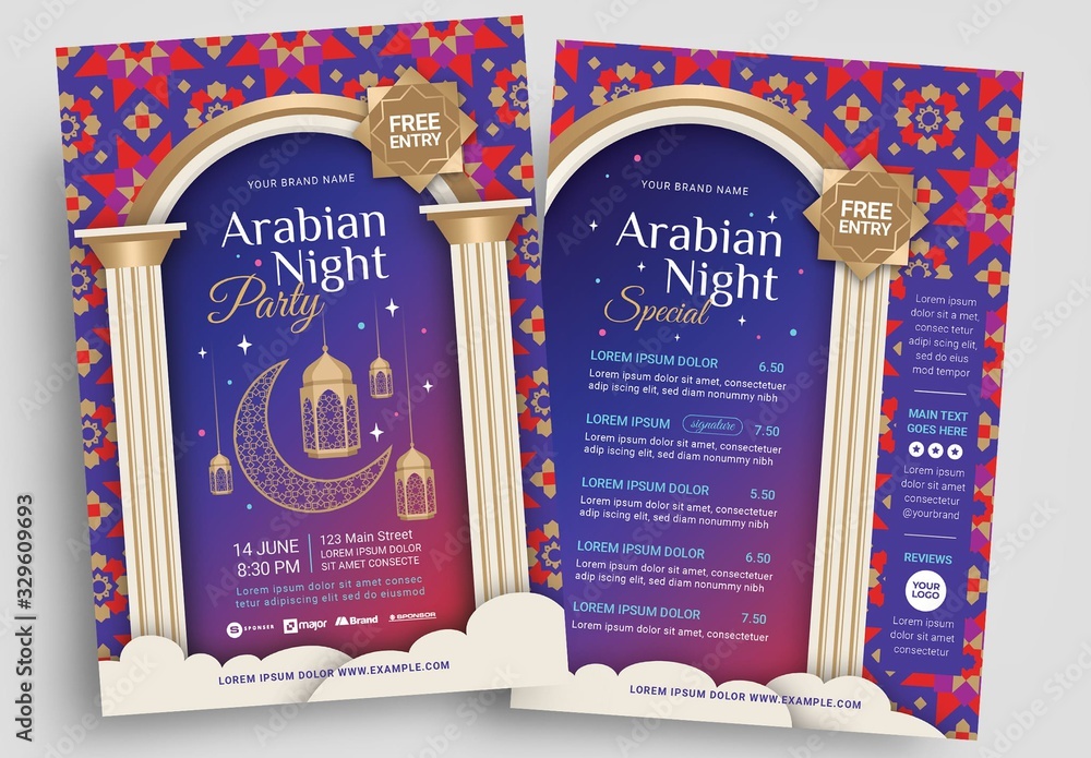 Bright Flyer Layout with Hanging Lantern and Window Illustrations Stock ...