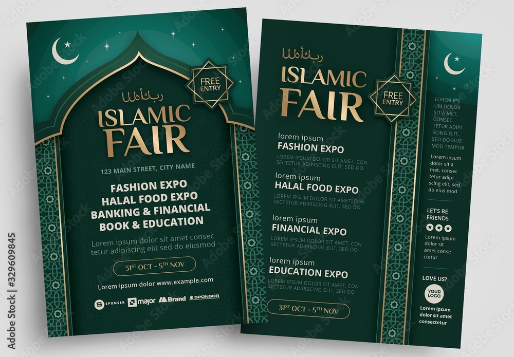 Dark Green Flyer Layout with Arabic Text Elements Stock Template ...