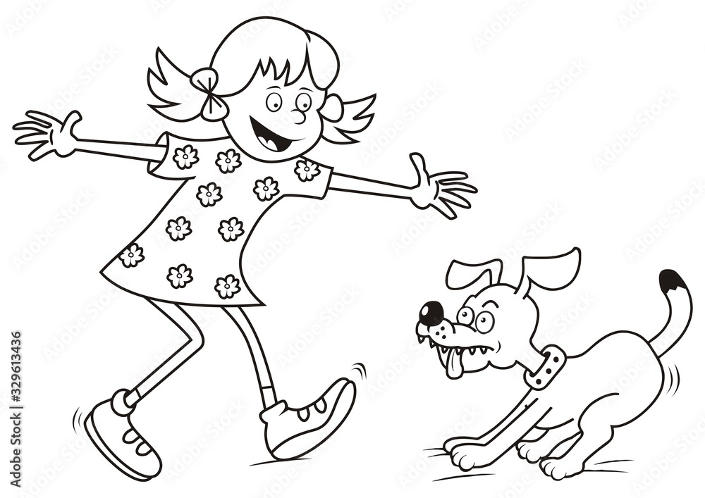 Girl and dog, smiling vector illustration, coloring book. Girl playing ...
