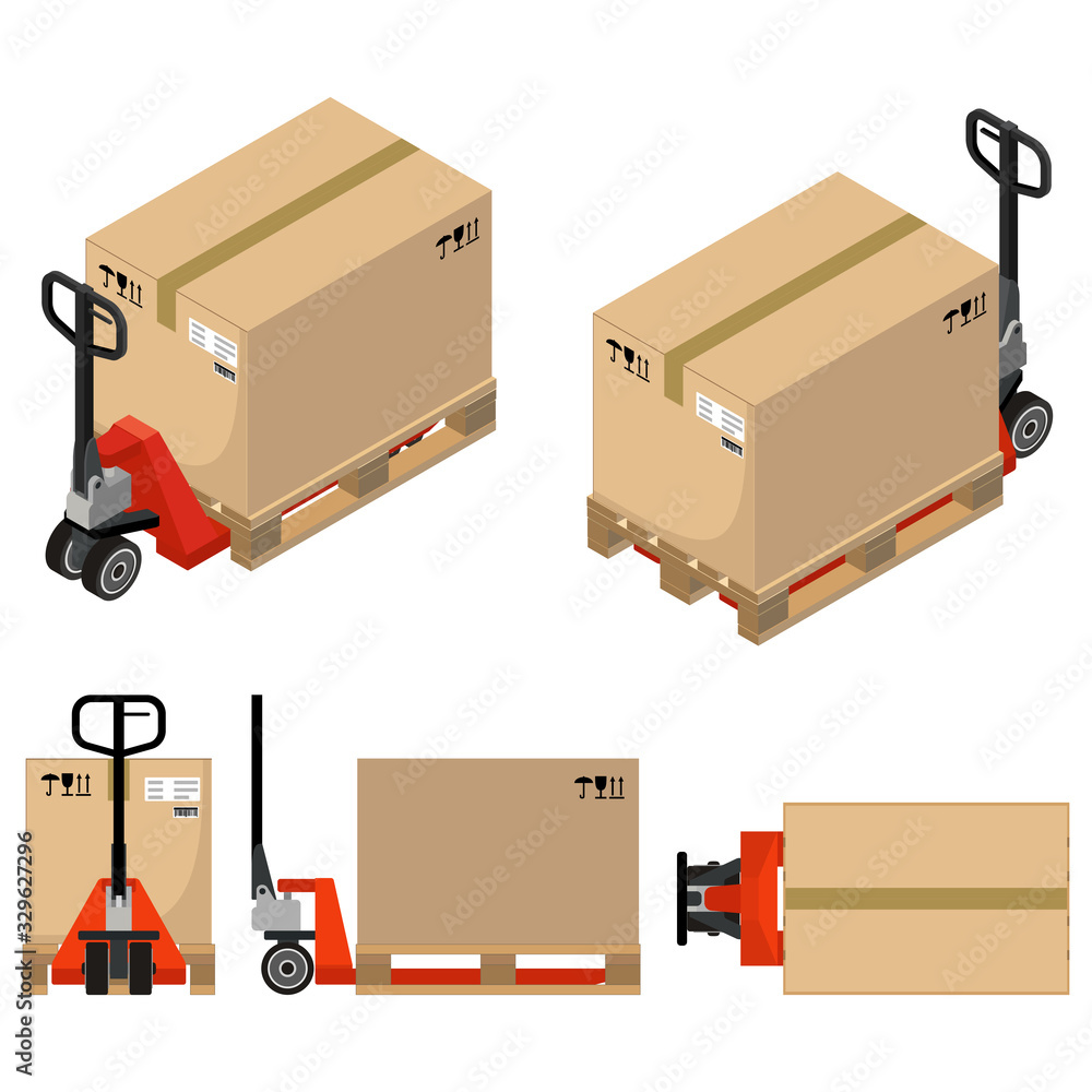 Hand pallet truck with a cardboard box. Top view, front and side view ...