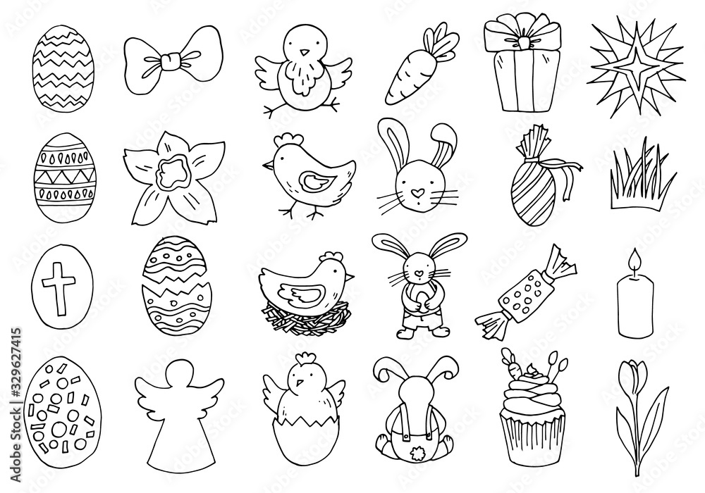 Easter set of outline illustrations, hand drawn, sketch style, simple ...