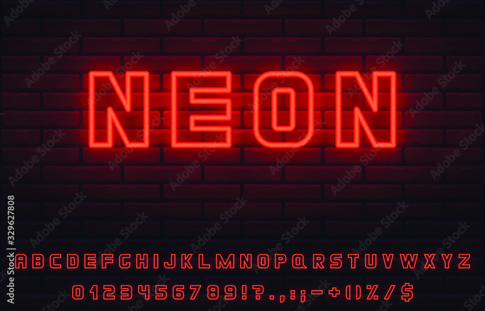 realistic attractive bright bold red color editable neon font set ...