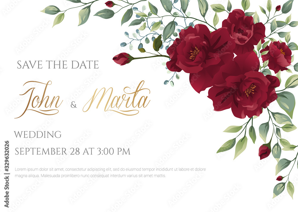 wedding invitation card with red roses, watercolor, leaves and golden ...