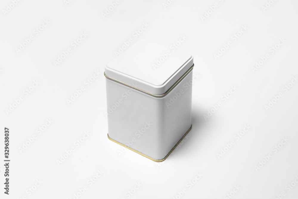 White square Tin Packaging Mock up on white background. Tea, coffee ...