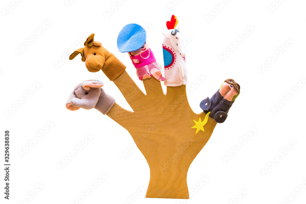 Finger puppets are worn on the fingers of the hand. On white background ...