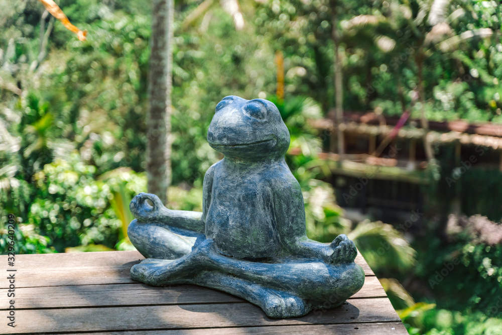 Statue of a frog in the Lotus position on the background of the jungle ...