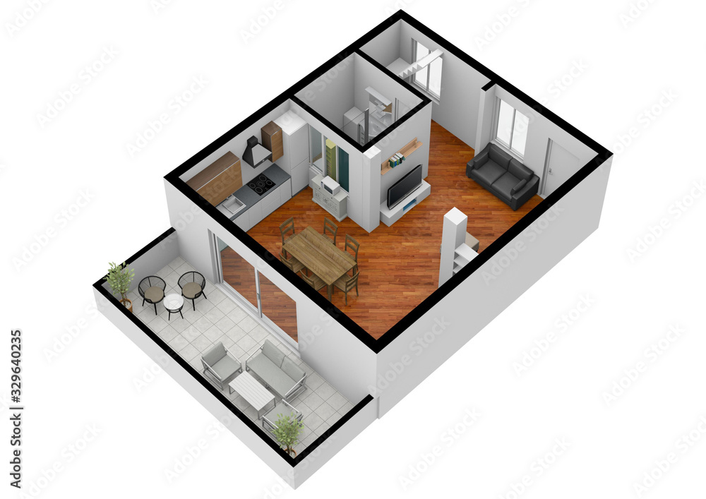 Living space with using colors and textures. Floor plan top view. 3d ...