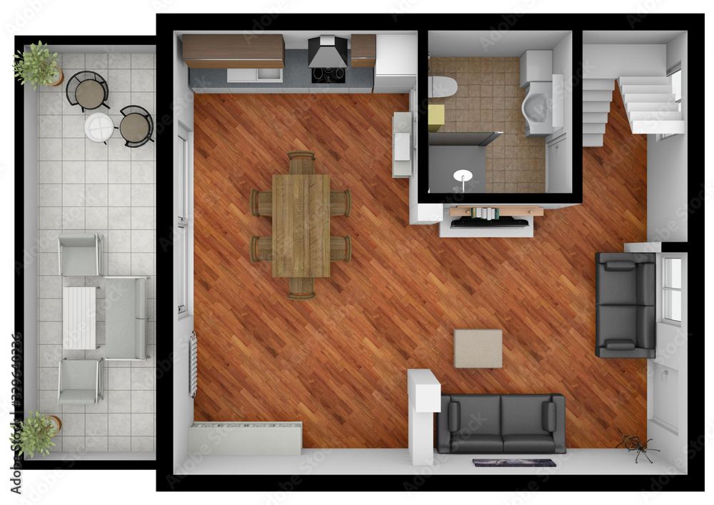 Living space with using colors and textures. Floor plan top view. 3d ...