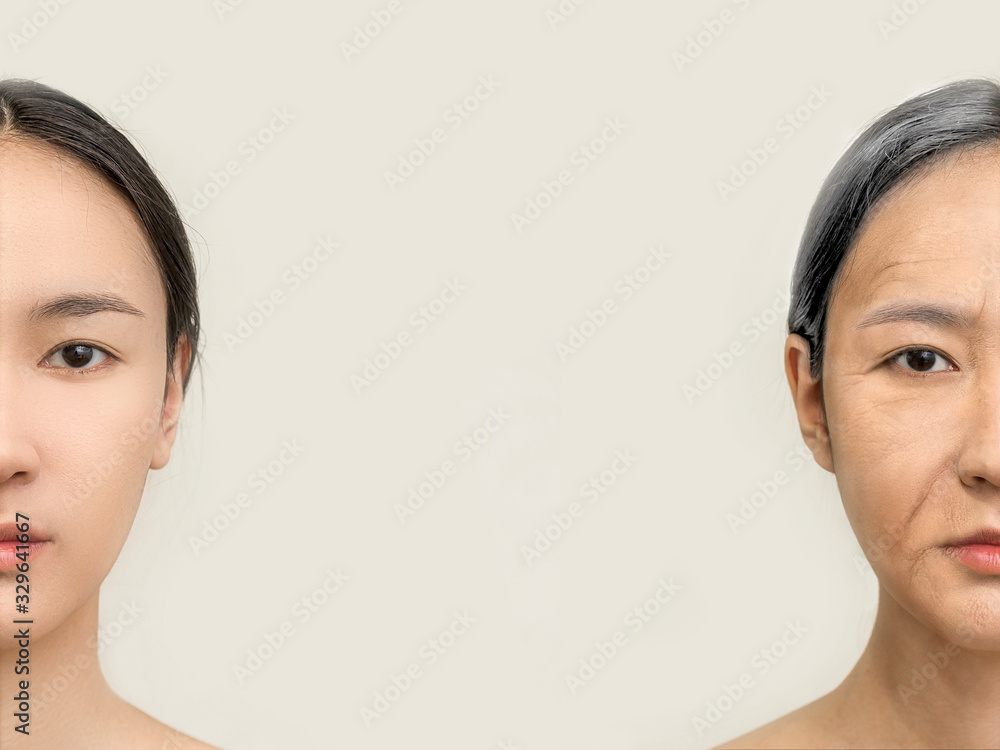 the face of a young and old Asian woman, the concept of old age and ...