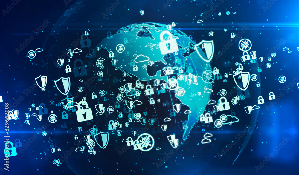 Cyber security symbols on digital globe background Stock Illustration ...