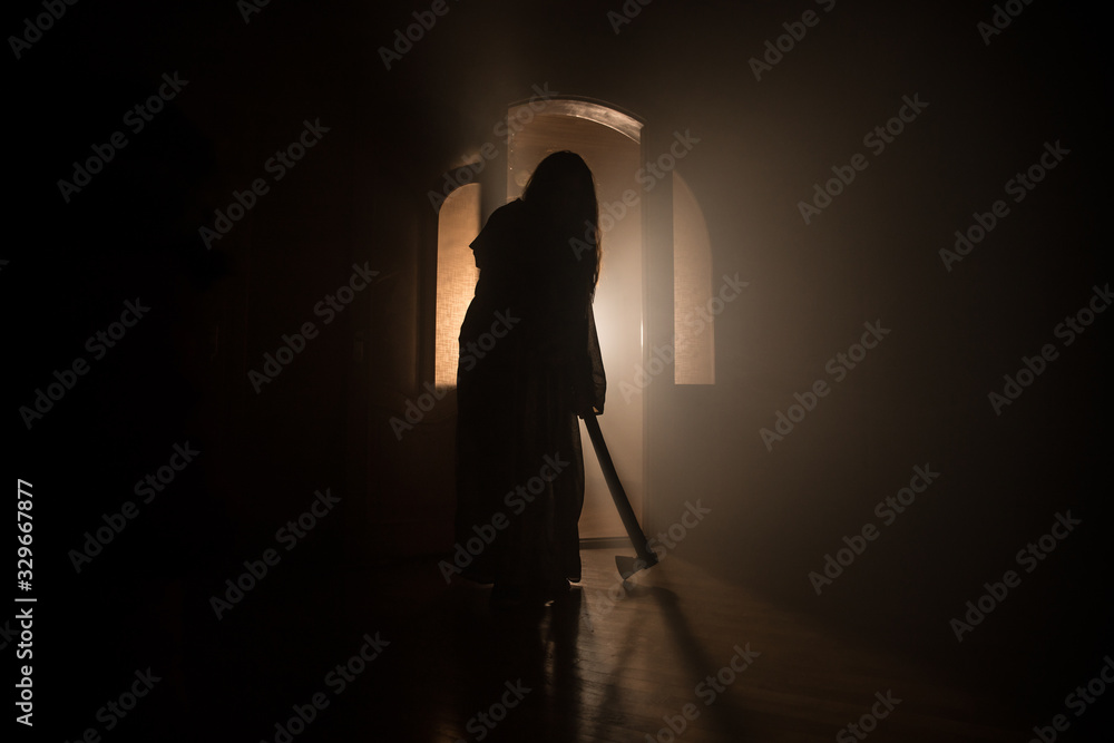 Silhouette of an unknown shadow figure on a door through a closed glass ...