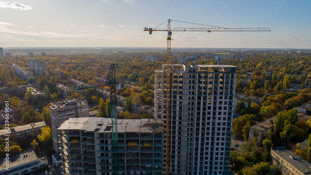 Construction of high-rise residential building. Aerial view of ...