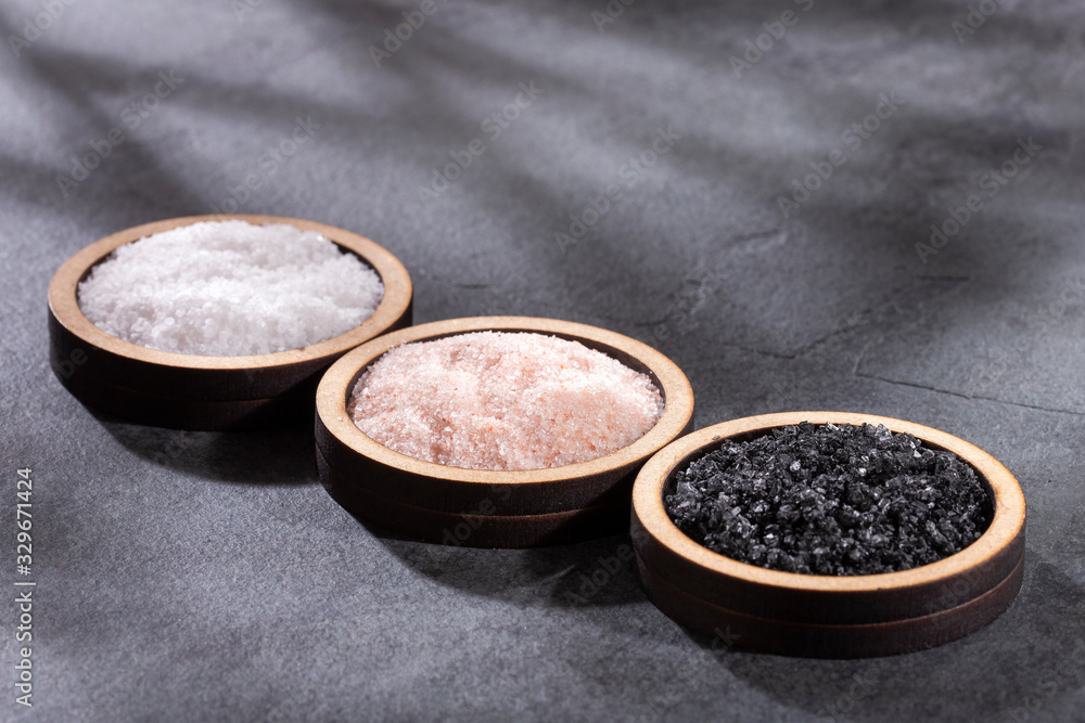 Variety of different sea salts, Hawaiian black and pink from the ...