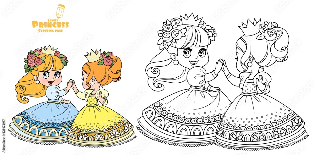 Two cute princesses in wreaths of rose flowers dancing outlined and ...