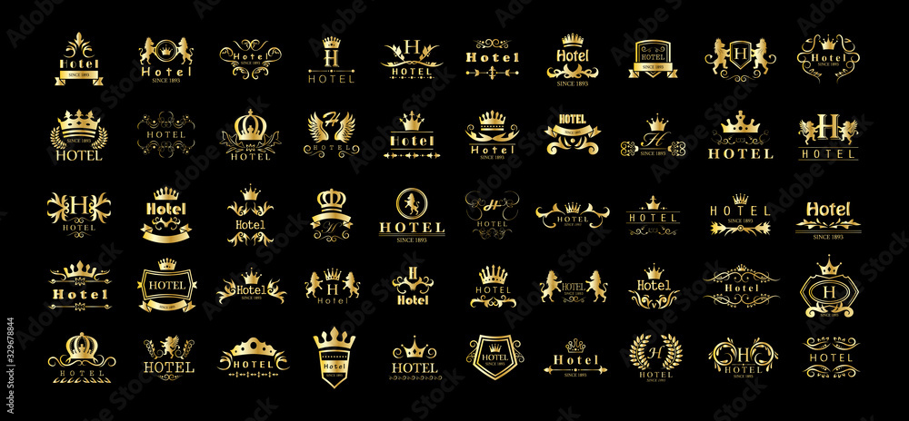 Golden Hotel Luxury Logo Set - Isolated On Black Background, Vector ...