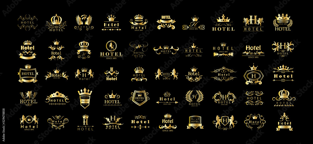 Golden Hotel Luxury Logo Set - Isolated On Black Background, Vector ...